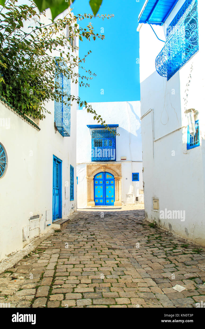 White-blue city of Sidi Bou Said, Tunisia. Eastern fairy tale with a ...