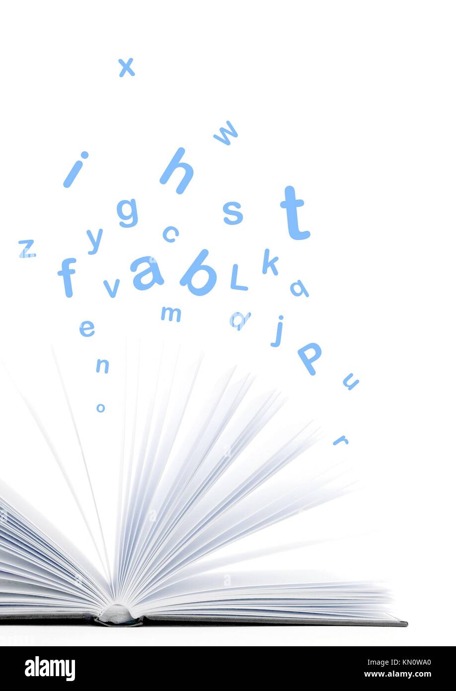 Letters flying out of an open book Cut Out Stock Images & Pictures - Alamy