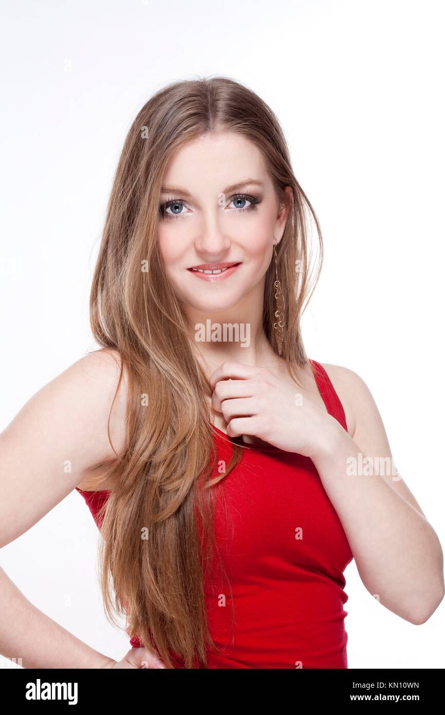 portrait of a young beautiful woman with long brown hair - isolated on ...