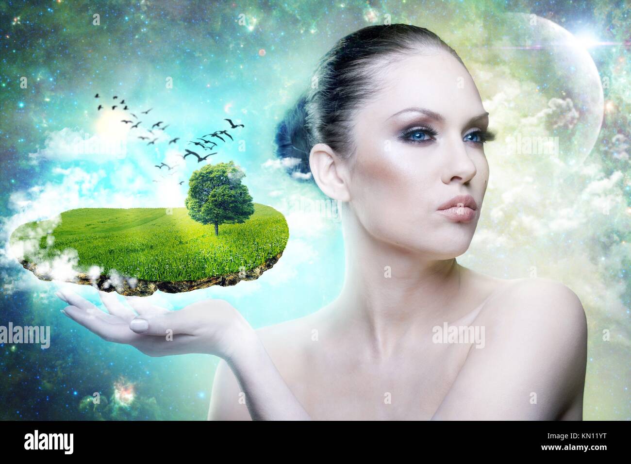 World of Magic Female portrait with abstract world in hand Stock Photo ...