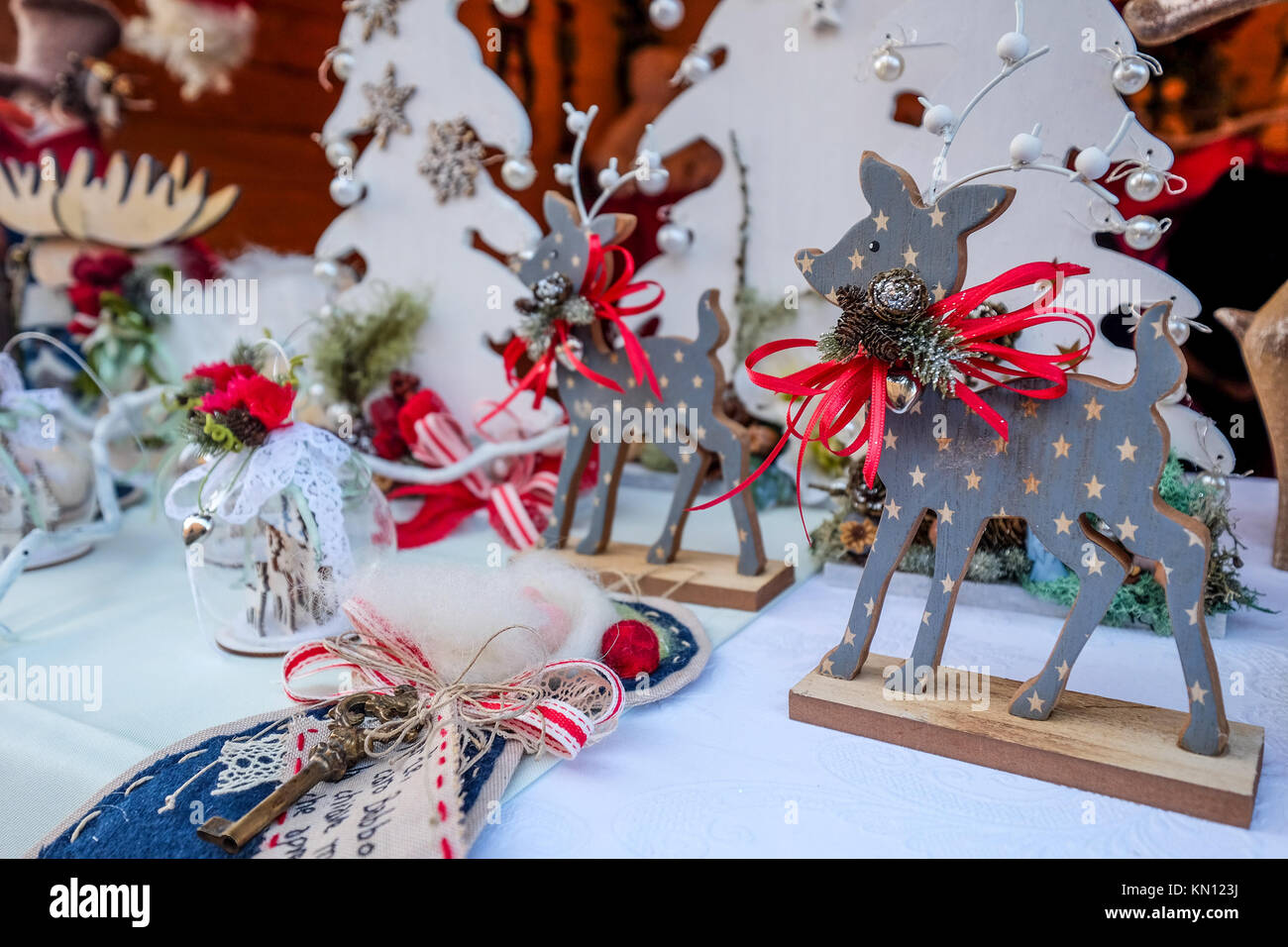 A Christmas decoration is on display at the window of a market stall in ...