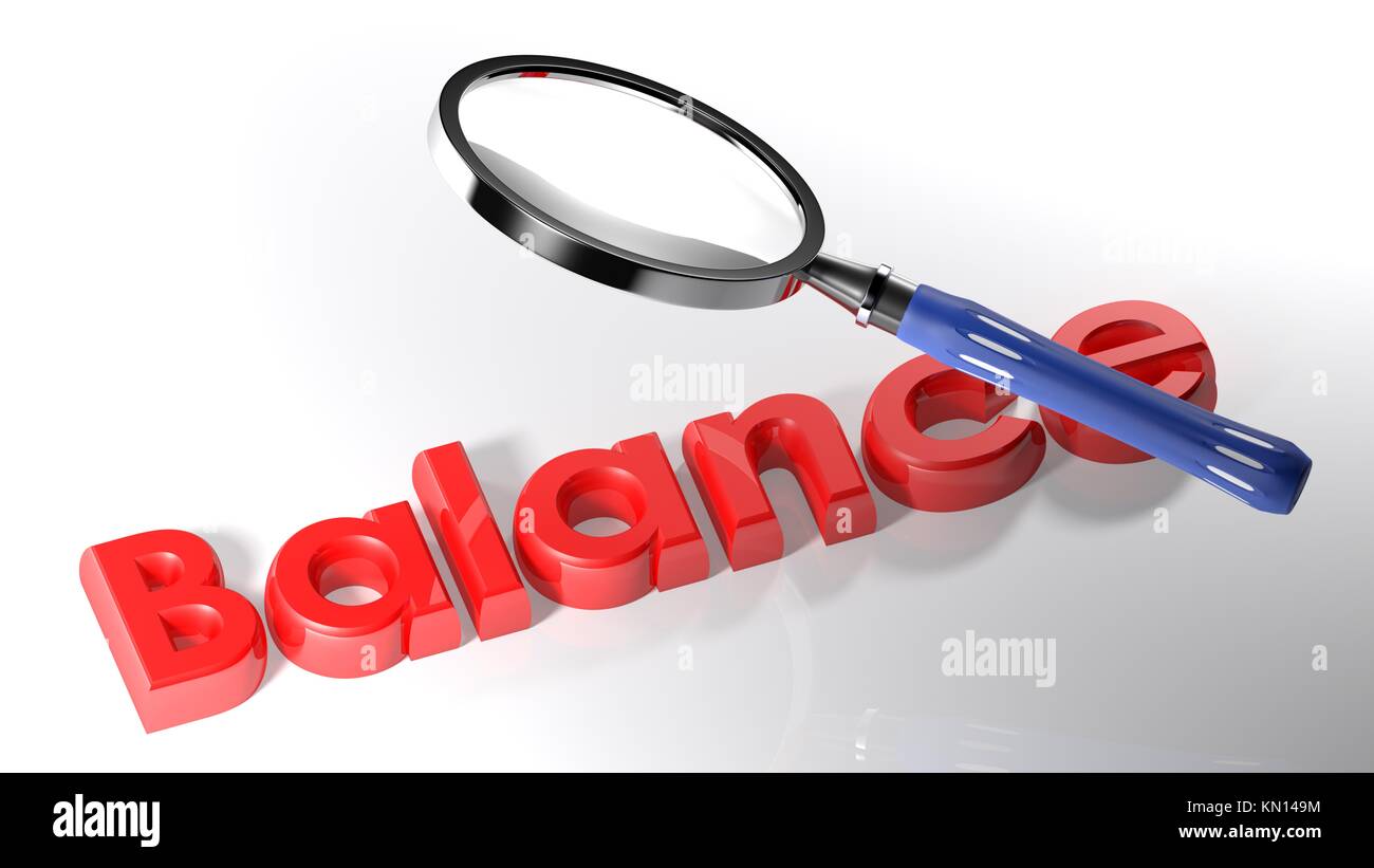 Magnifier on red Balance write - 3D rendering Stock Photo - Alamy