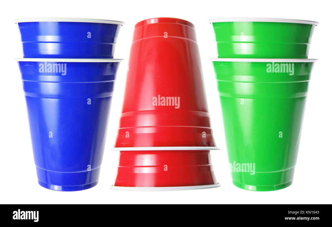 Stacks of Plastic Cups on White Background Stock Photo - Alamy