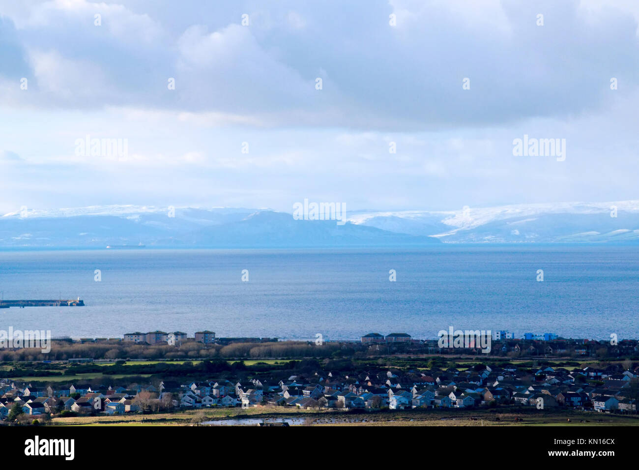 Snow covered mountains of Arran viewed across the Firth of Clyde from ...
