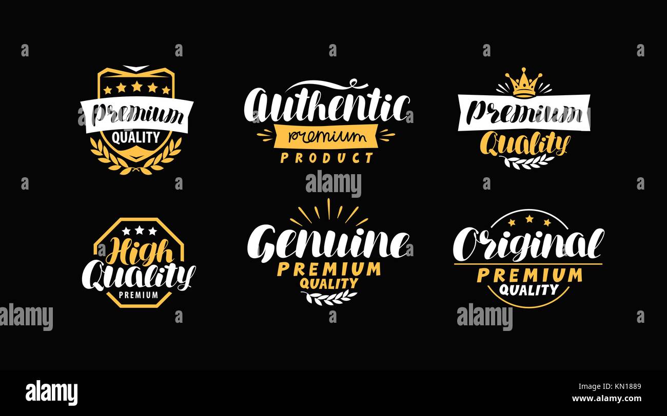 Description of goods. Typography design set icons or symbols. Lettering ...