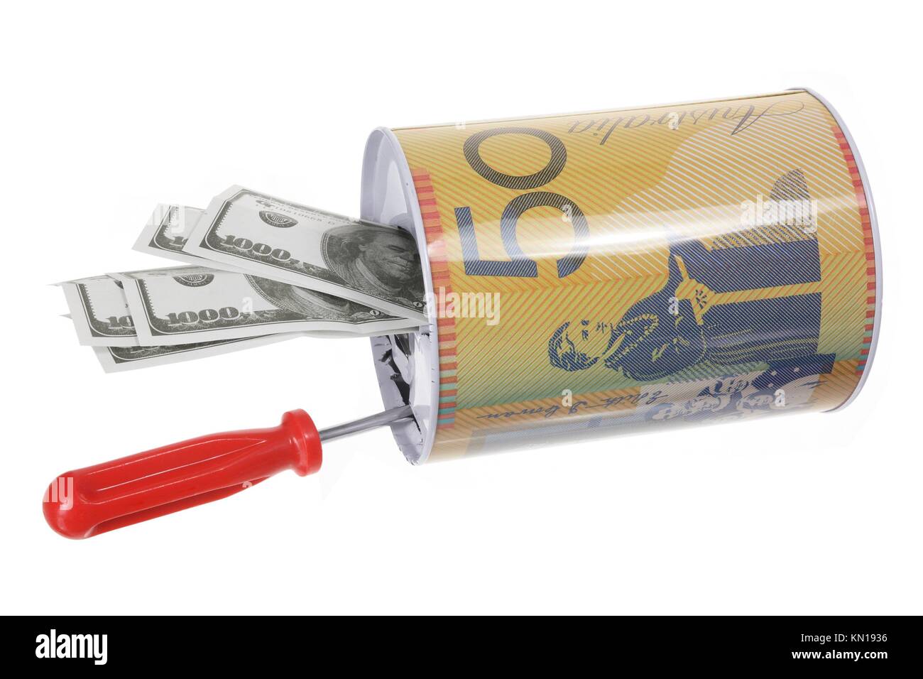 Money Tin Can with Dollar Notes on White Background Stock Photo - Alamy