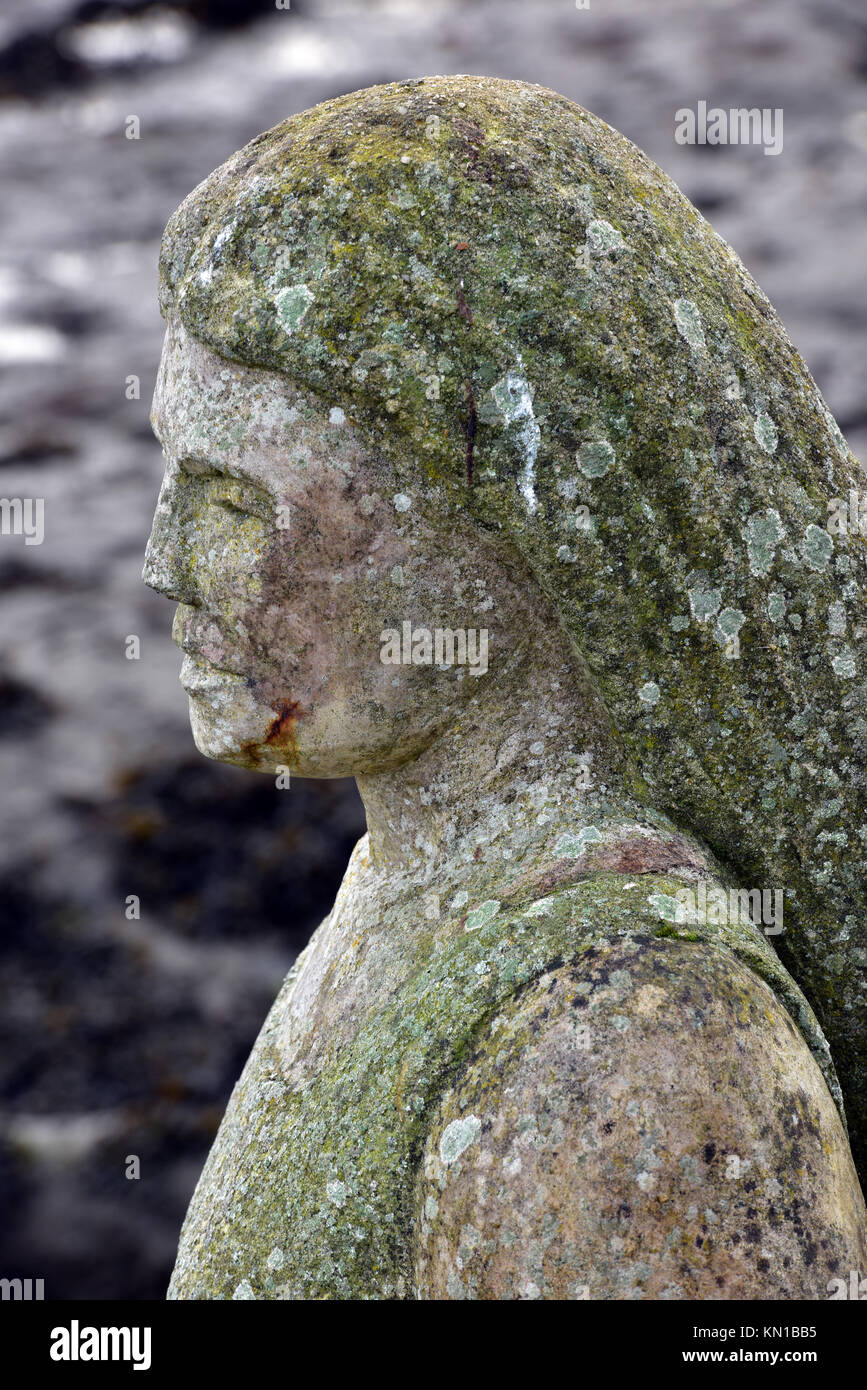 A stone sculpture of a mermaid covered in verdigris and moss with ...