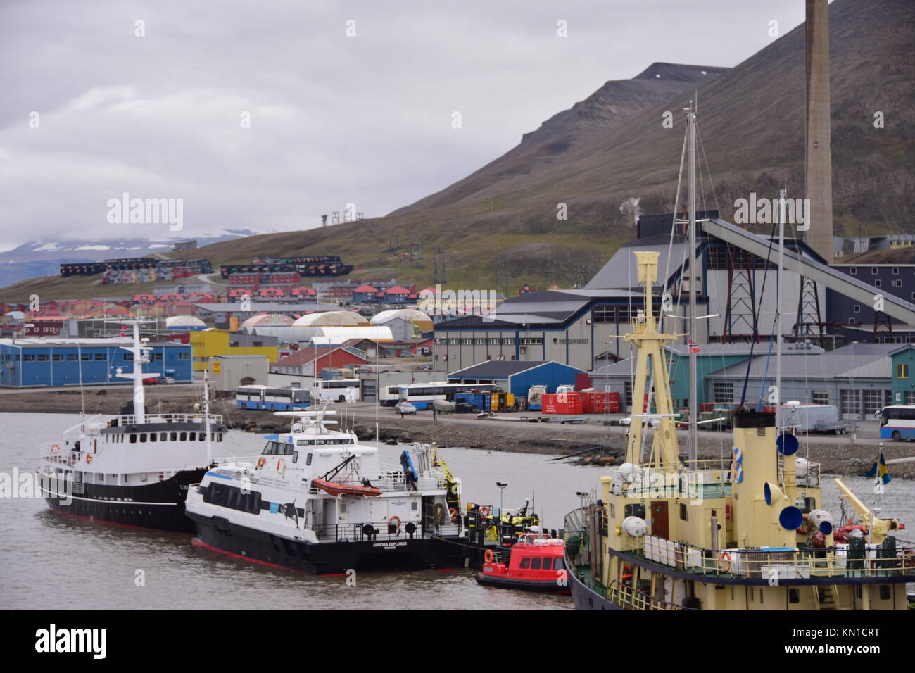 Port area of Longyearbyen with coal mining / working, Svalbard, Norway ...