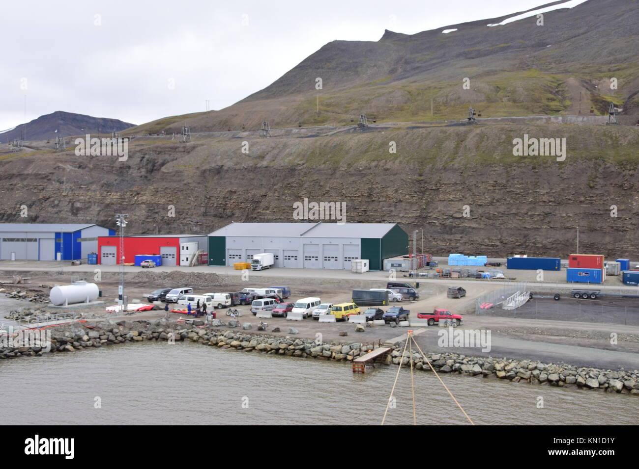 Port area of Longyearbyen with coal mining / working, Svalbard, Norway ...
