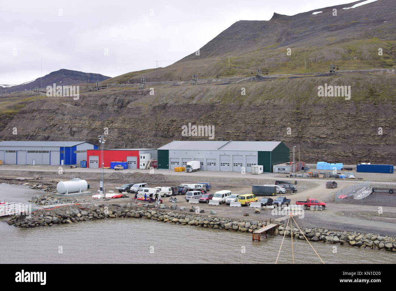 Port area of Longyearbyen with coal mining / working, Svalbard, Norway ...