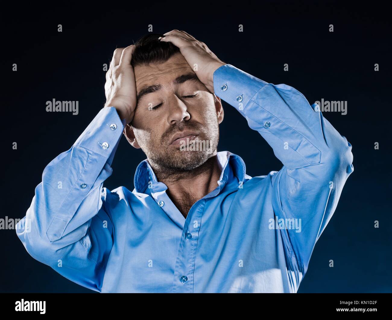 caucasian man fed up unshaven portrait isolated studio on black ...