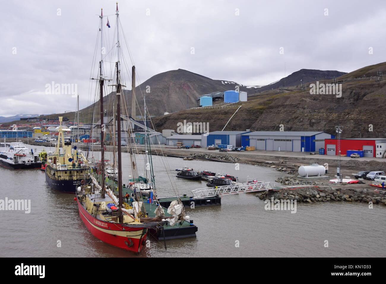 Port area of Longyearbyen with coal mining / working, Svalbard, Norway ...