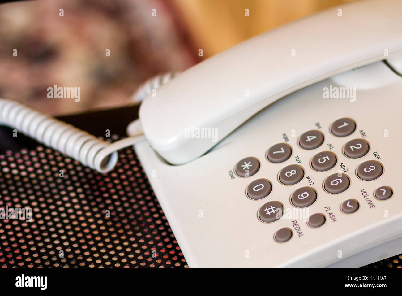 Close up of telephone device at office desk, communication technology ...
