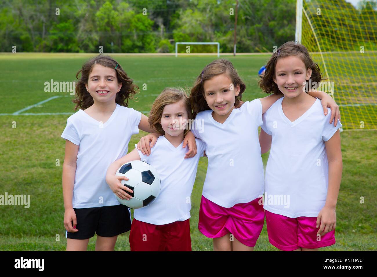 Soccer football kid girls team at sports outdoor fileld before match ...