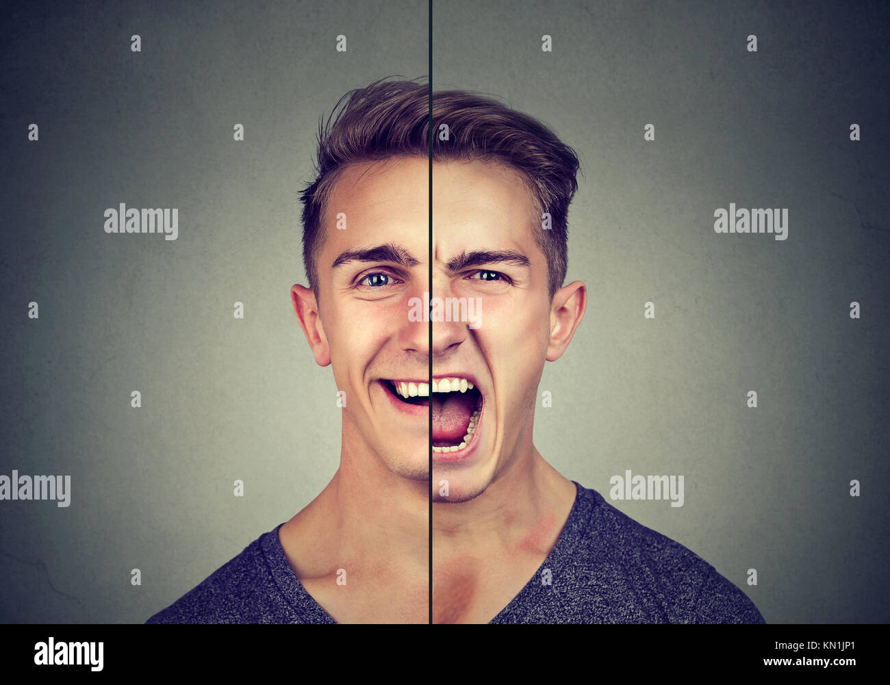 Bipolar disorder concept. Young man with double face expression ...