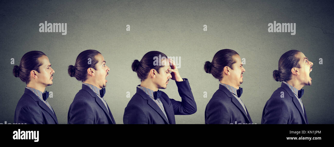Mood swing. Man expressing different emotions and feelings Stock Photo ...