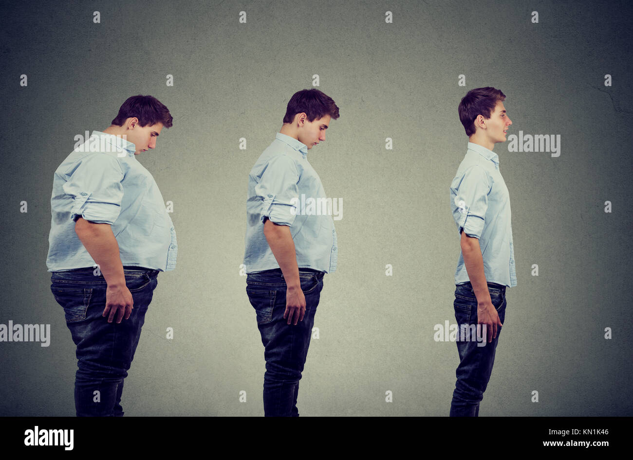 Side profile of a young chubby man transformation into a slim happy ...