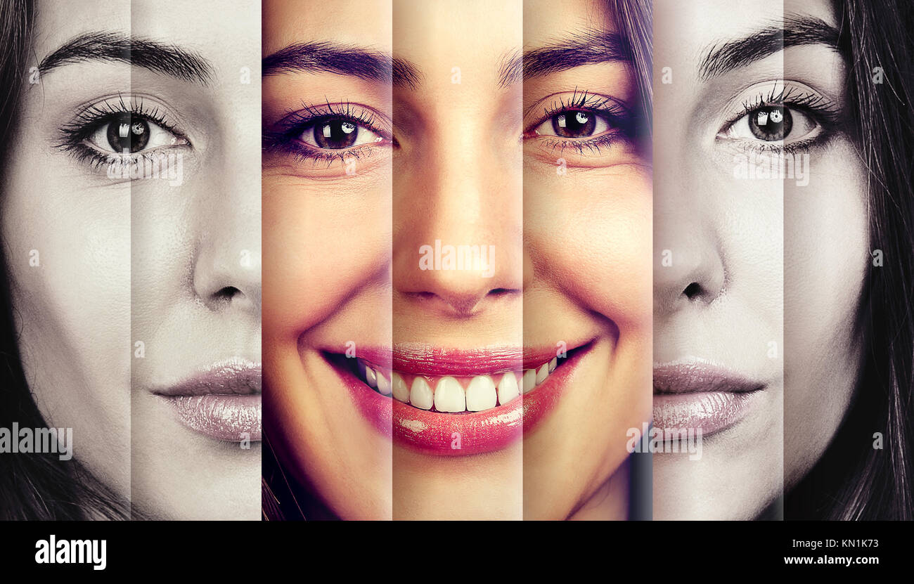 Serious woman hiding happy emotions Stock Photo - Alamy