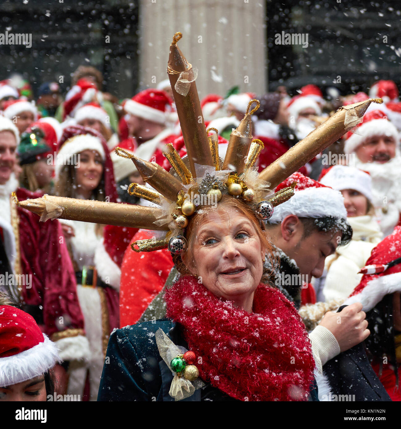 New York, USA, 9 Dec 2017. People dressed as Santa Claus pose for a ...