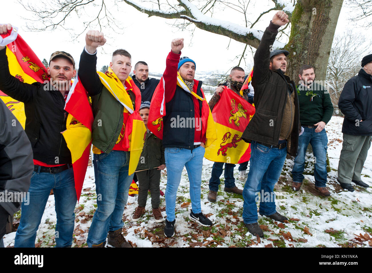 Cilmery, Powys, UK. 9th December 2017. The red and yellow flag of the ...