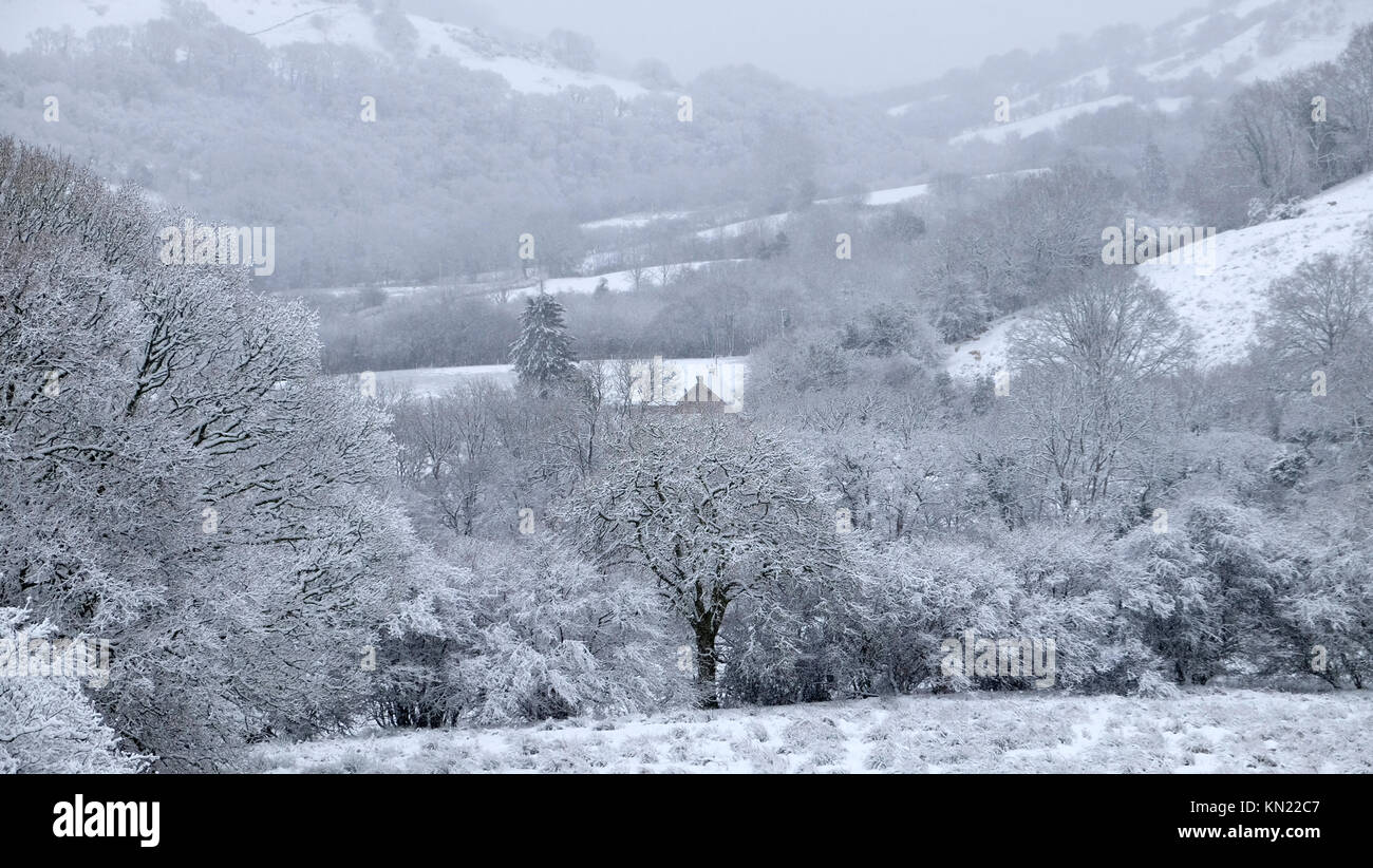 Winter scene with rural country snow landscape in December before ...