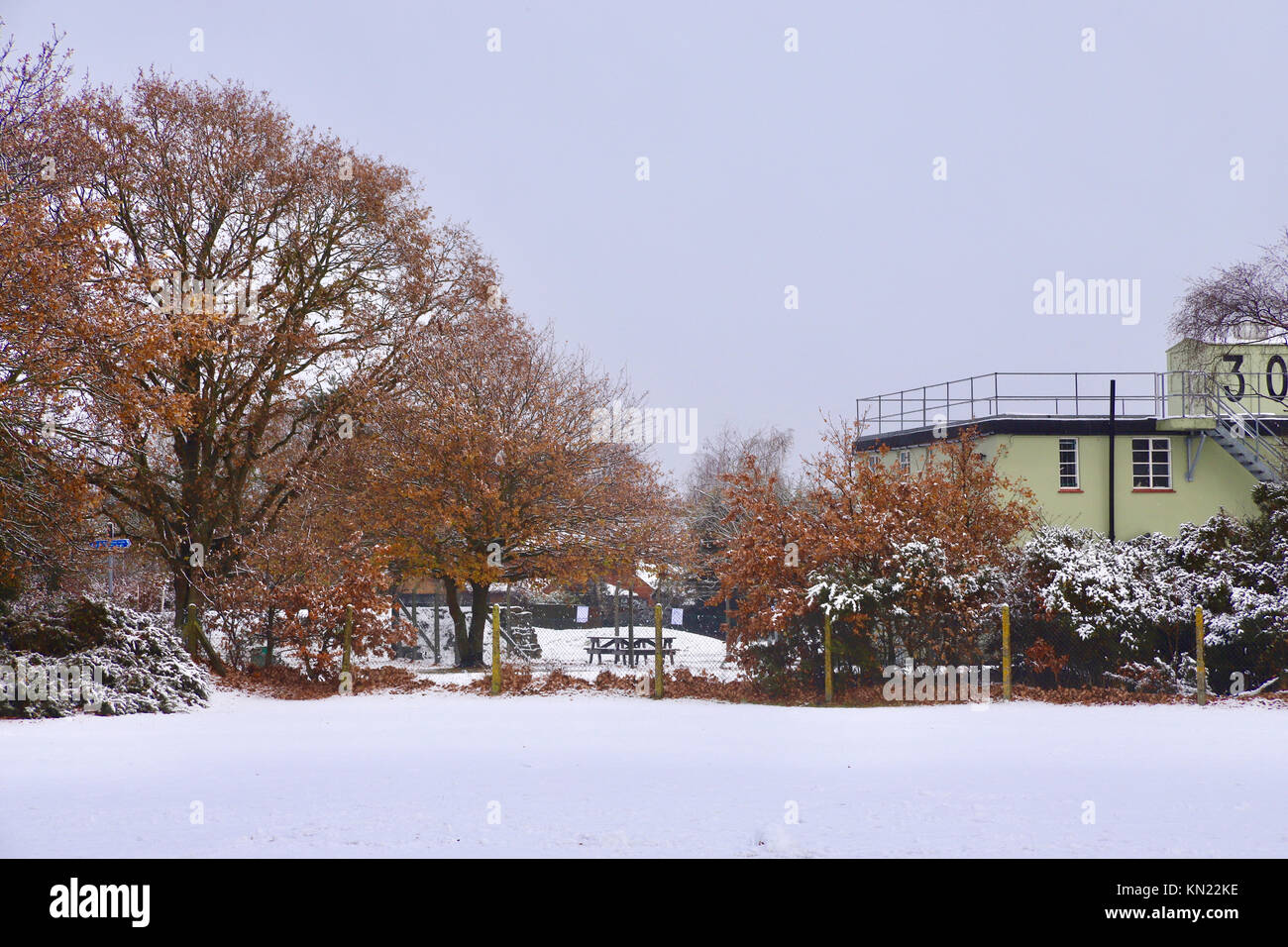 UK Weather: Snow at the old RAF control tower in Martlesham Heath ...