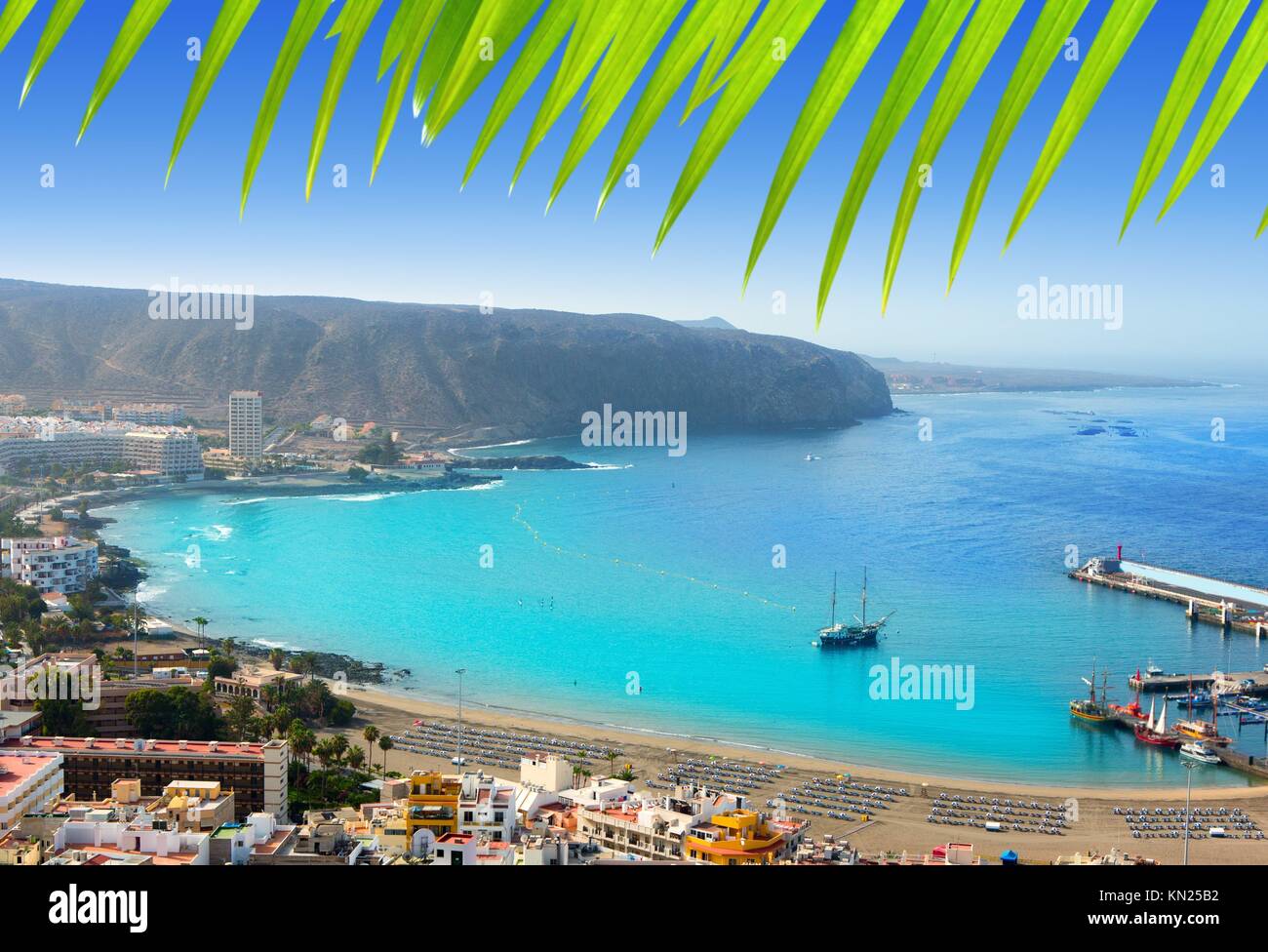 Aerial view of Los Cristianos beach in Arona Tenerife Canary Islands ...