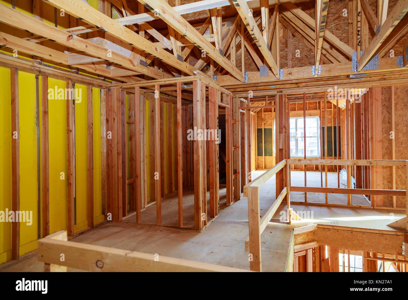 Inside the house with wooden frames under construction Stock Photo - Alamy