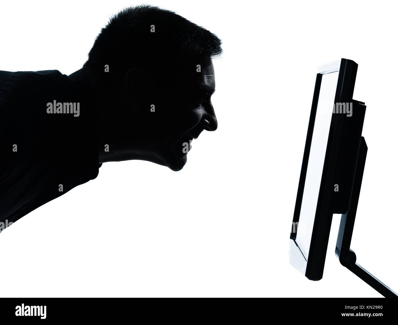 one caucasian business man face silhouette with computer screen display ...