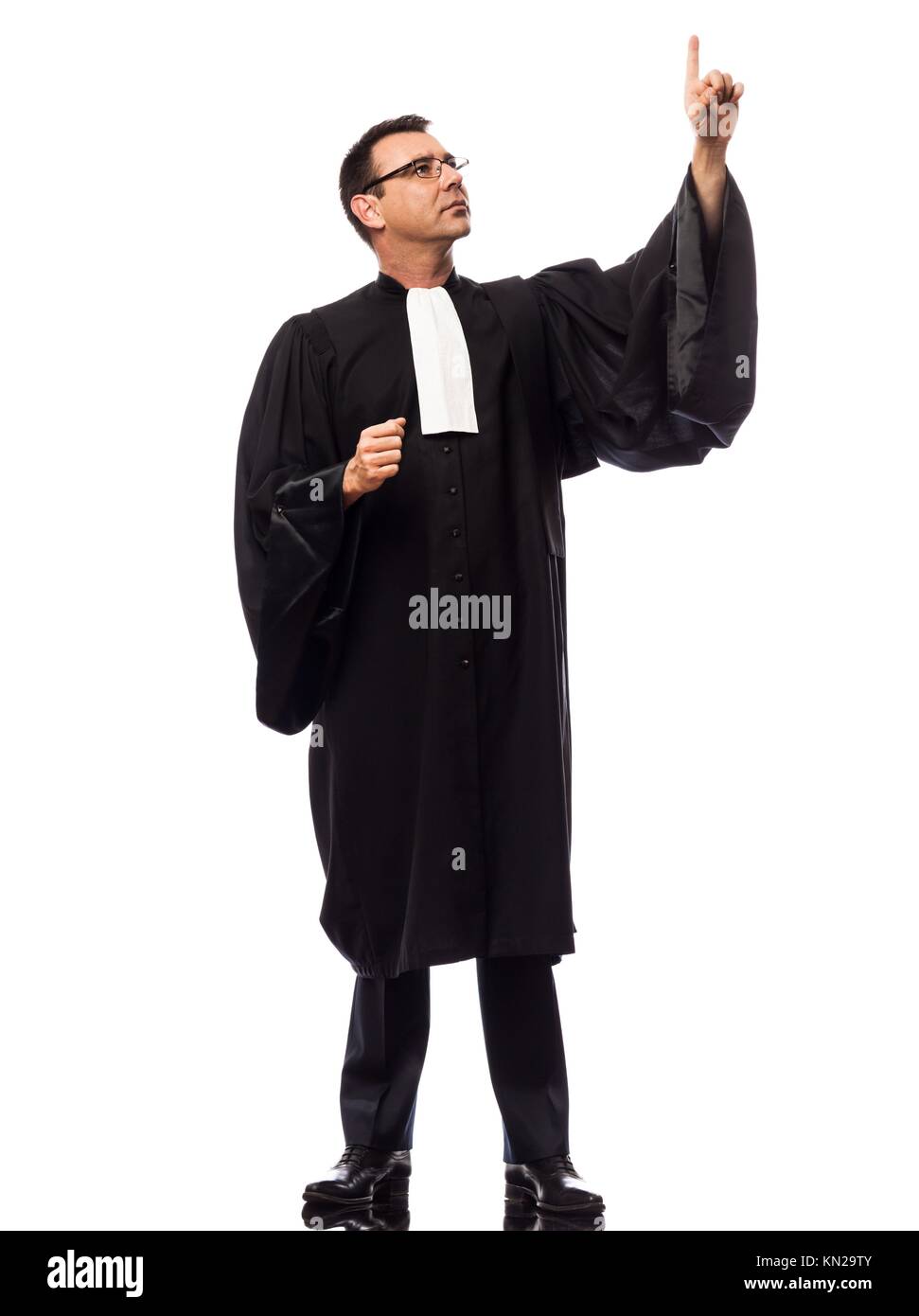 one caucasian lawyer man pleading in studio isolated on white ...