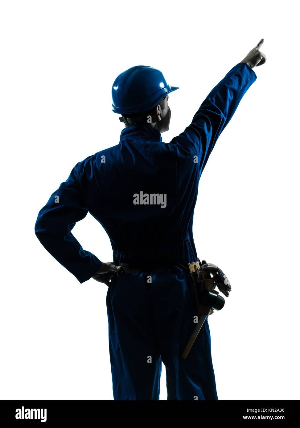 one caucasian man construction worker pointing showing silhouette ...