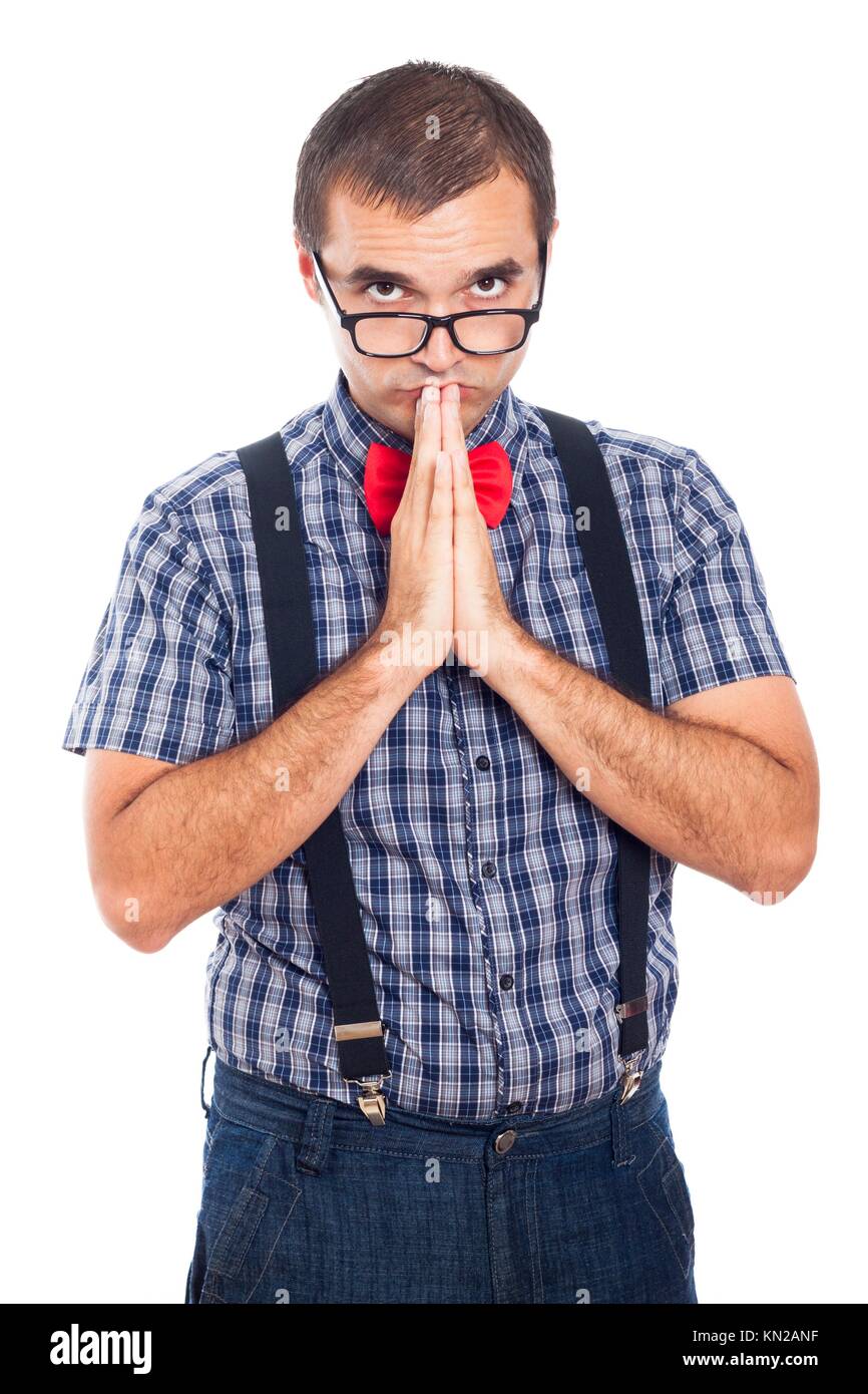 Portrait of nerd man thinking, isolated on white background Stock Photo ...