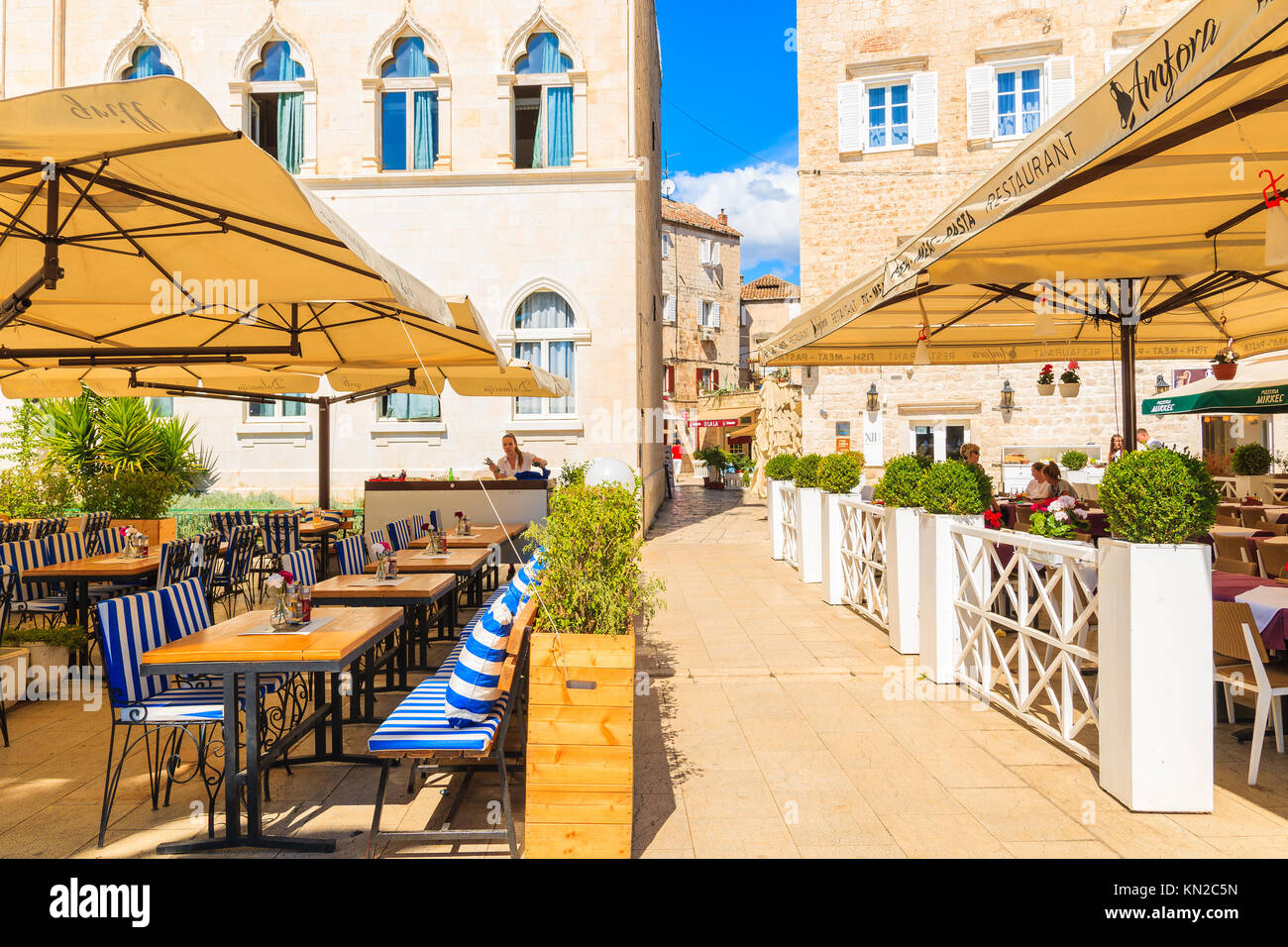 TROGIR TOWN, CROATIA - SEP 6, 2017: restaurant tables in old town of ...