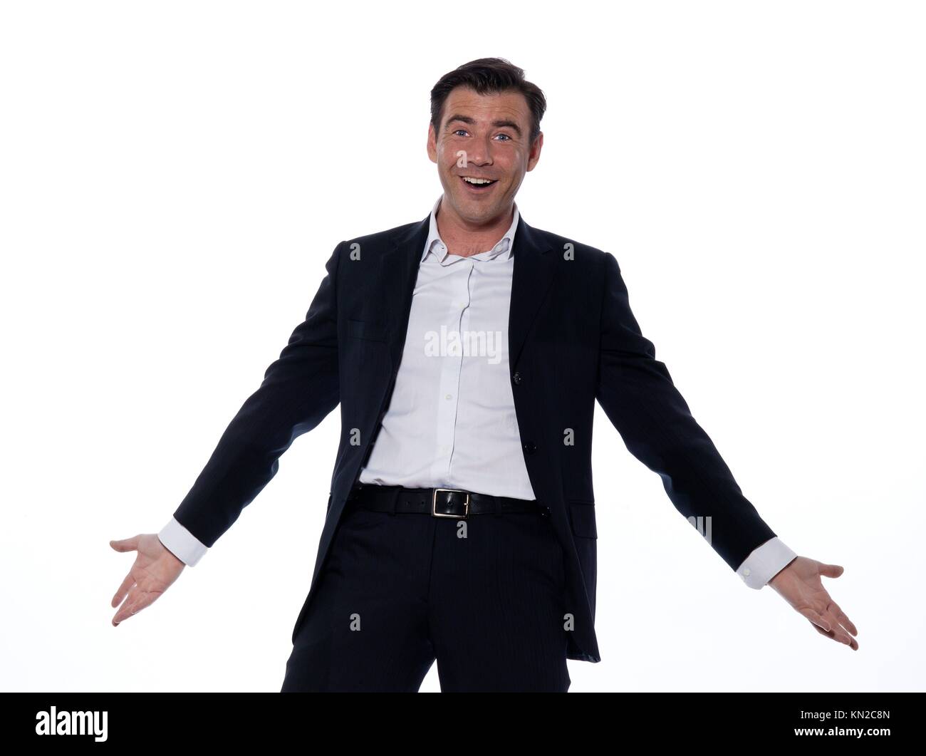 one happy joyful caucasian friendly man studio portrait on white ...