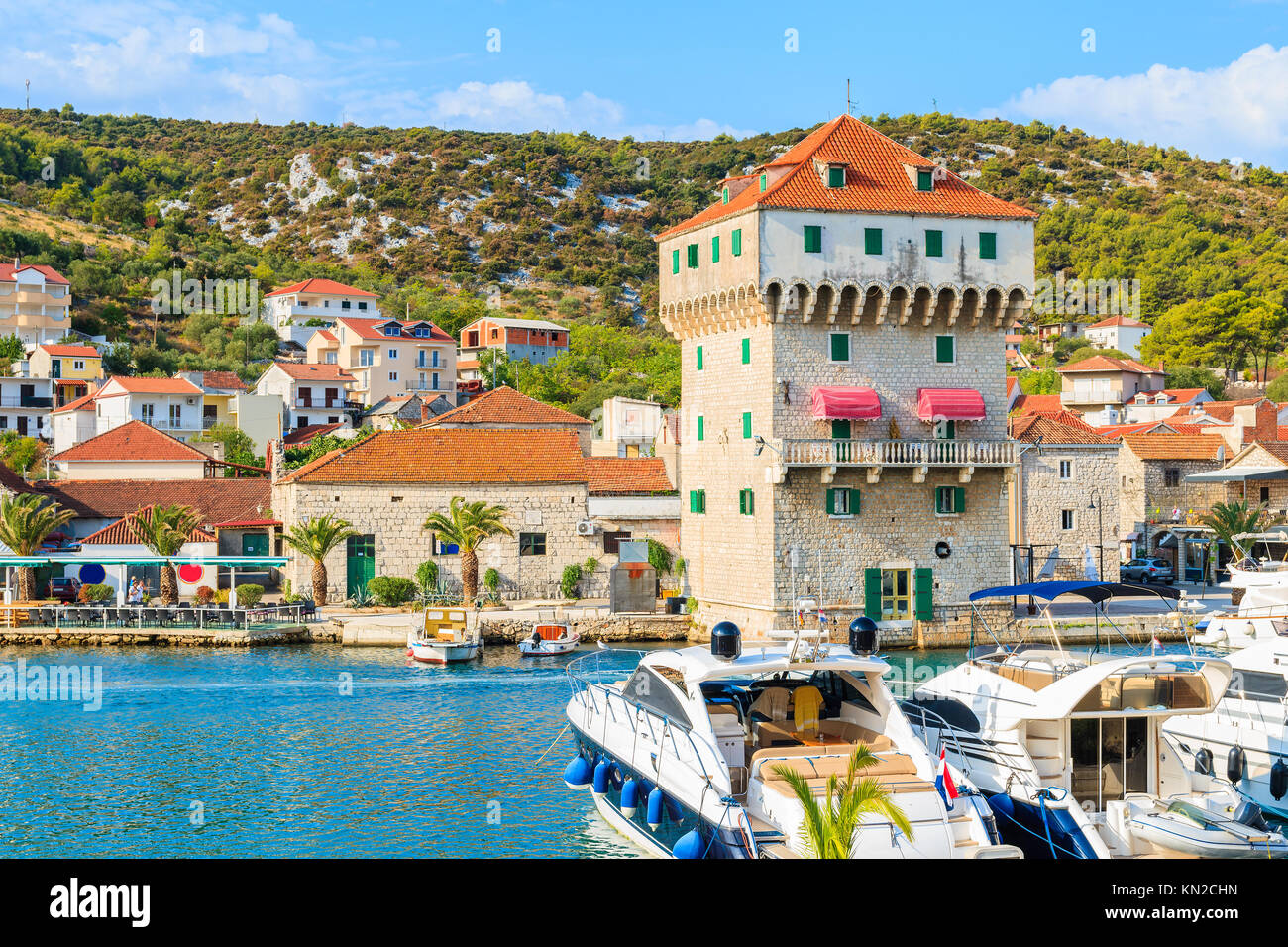 View of port with boats in Marina town between Rogoznica and Trogir ...