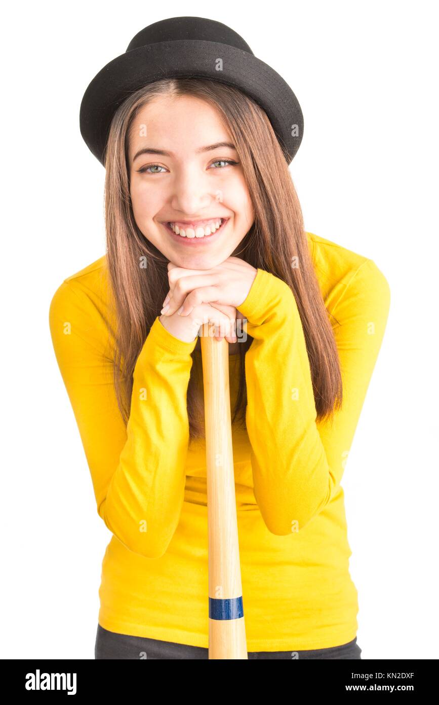 Beautiful teenage girl with wooden baseball bat Stock Photo - Alamy