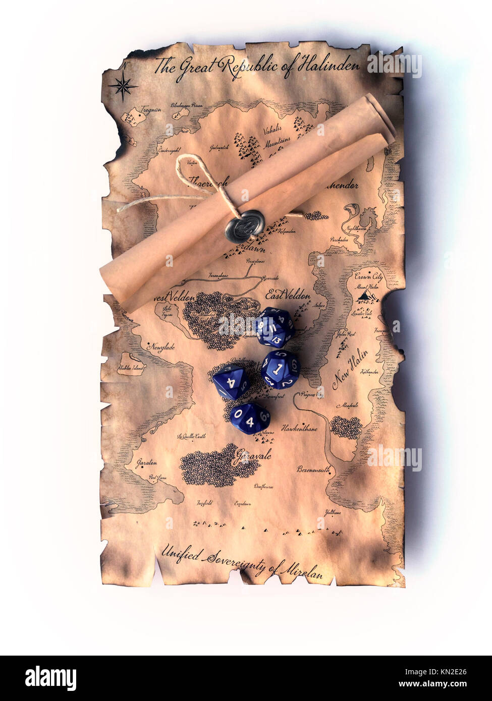 Fantasy roll playing game map with sealed scroll and dice Stock Photo ...