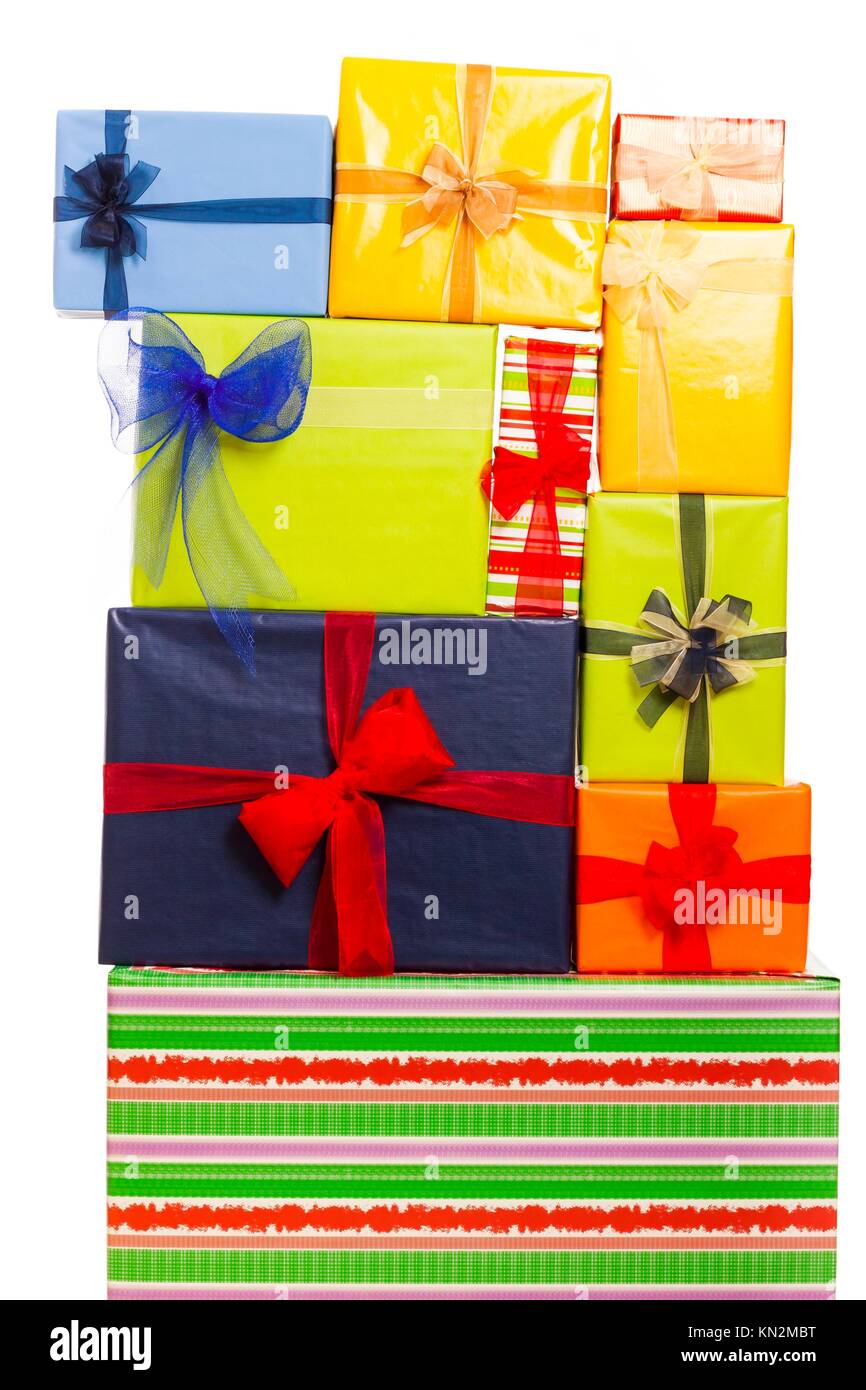 Stack of many colorful wrapped gifts, isolated on white background ...