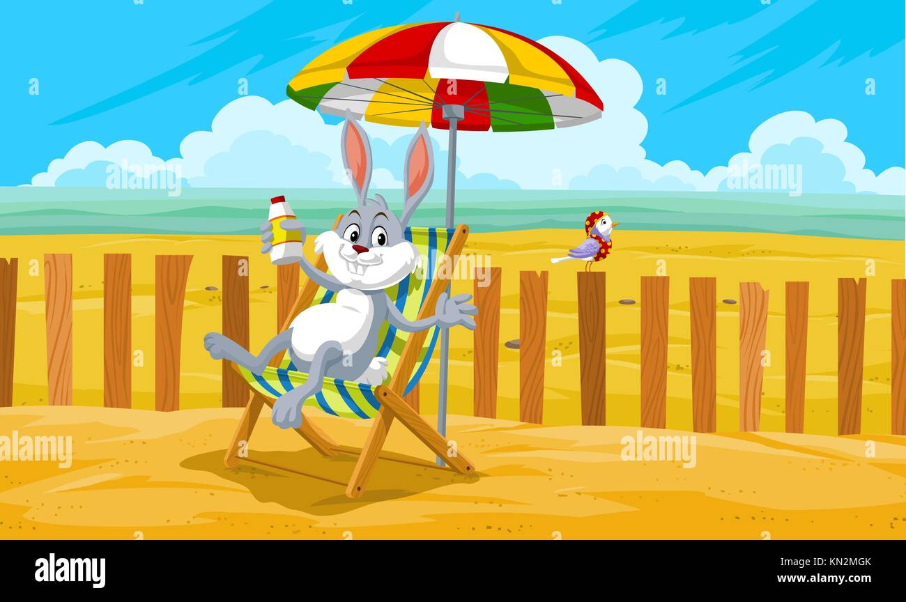 Rabbit at the Beach, Relaxing in the Sand, vector illustration Stock ...