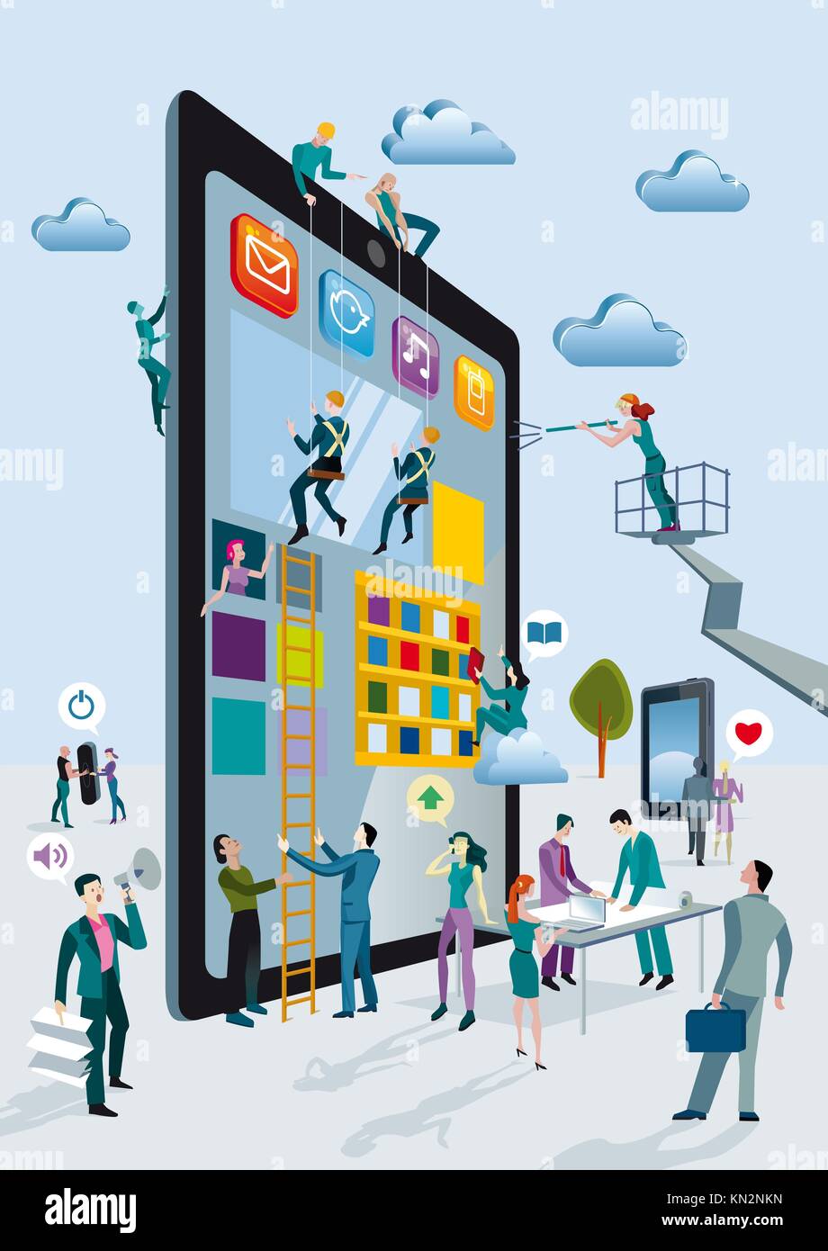 A team of people work creatively together building giant digital ...