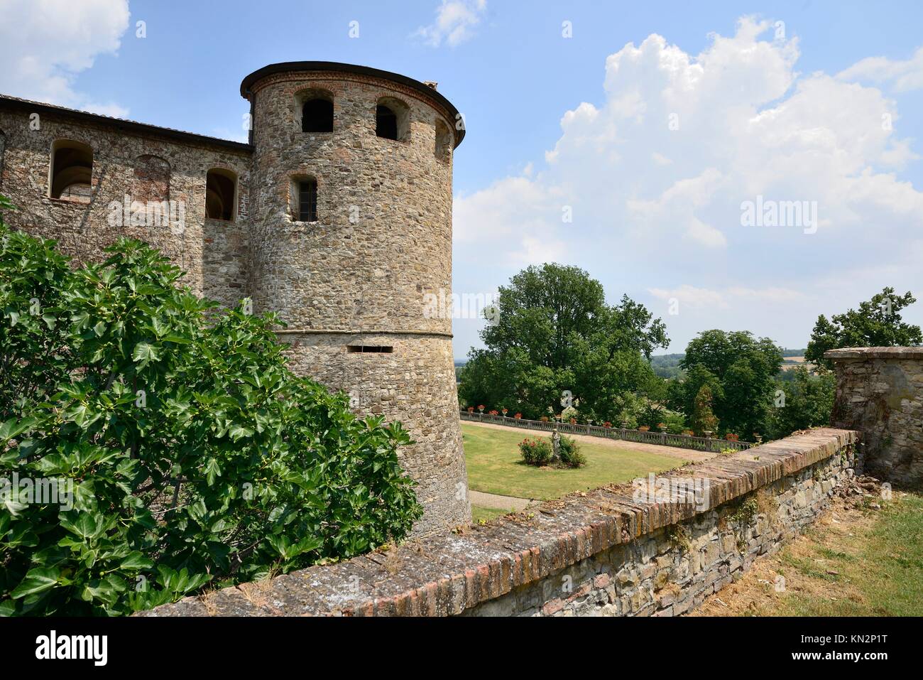 foreshortening of ancient medieval stone fortification, shot from the ...