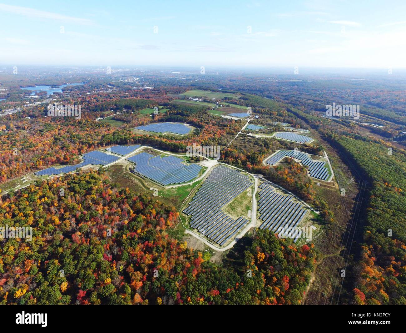 Aerial view of a solar panel farm being built on a former piggery ...