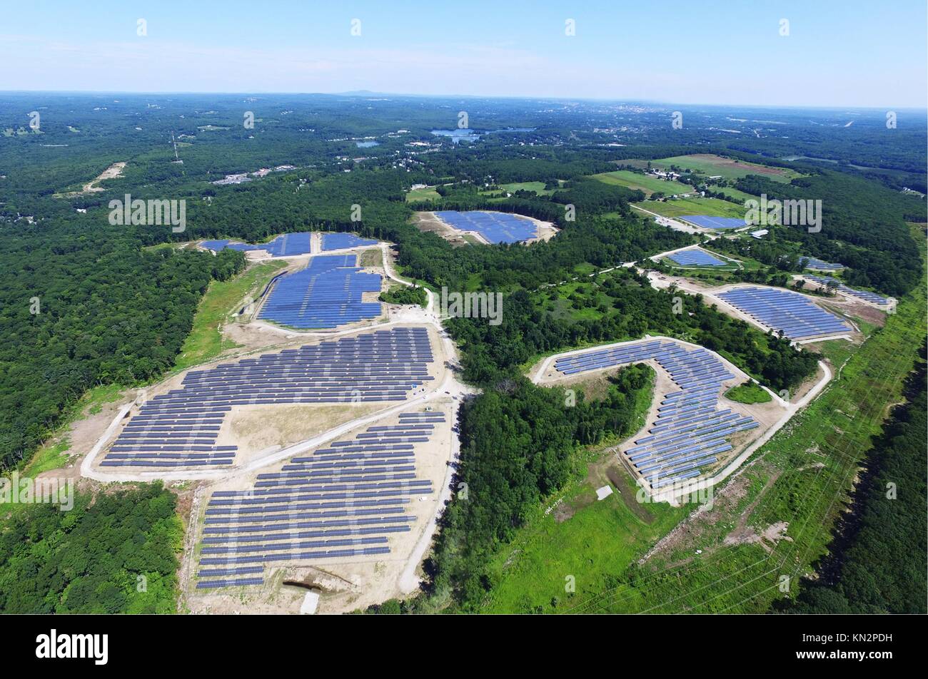 Aerial view of a solar panel farm being built on a former piggery ...