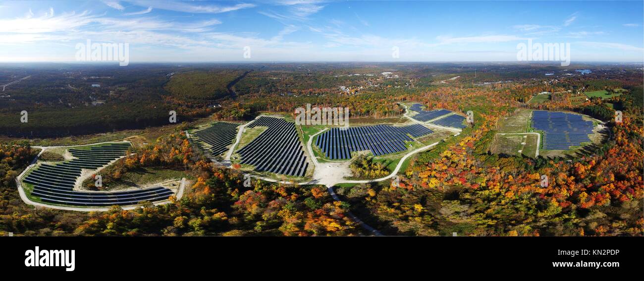 Aerial view of a solar panel farm being built on a former piggery ...