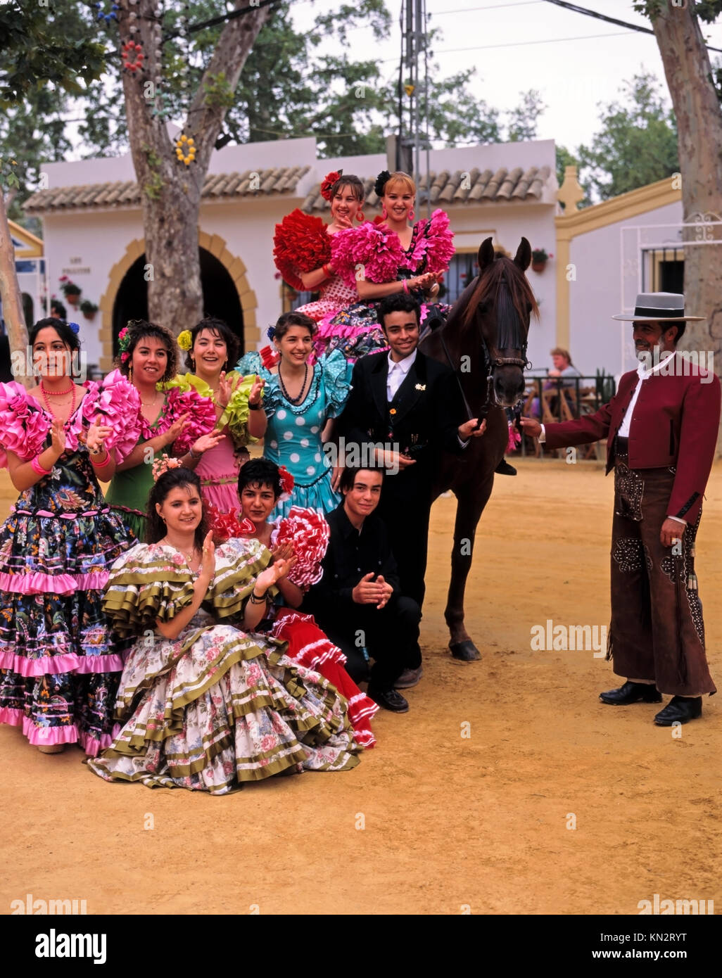 Jerez Horse Fair, Feria del Caballo, men and woman dressed in tradional ...