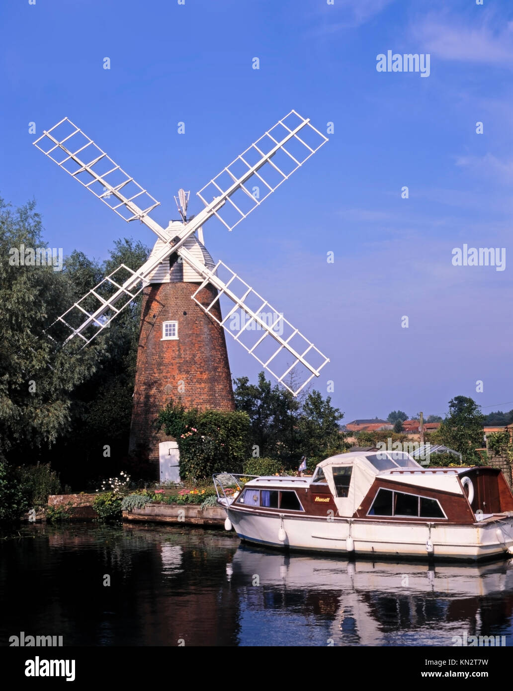 Hunsett Mill with a traditional broads cruiser, River Ant, The Broads ...