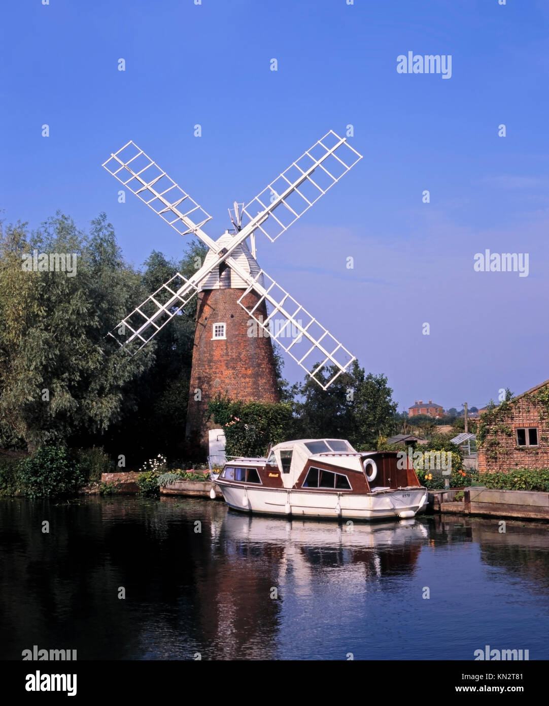 Hunsett Mill with a traditional broads cruiser, River Ant, The Broads ...