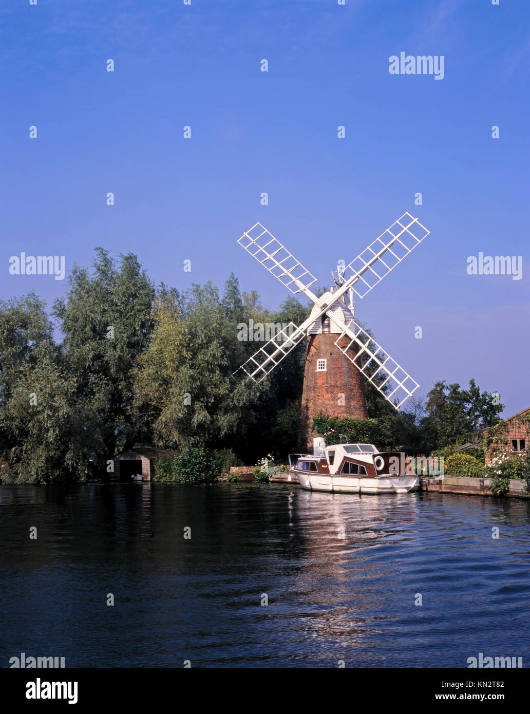 Hunsett Mill with a traditional broads cruiser, River Ant, The Broads ...
