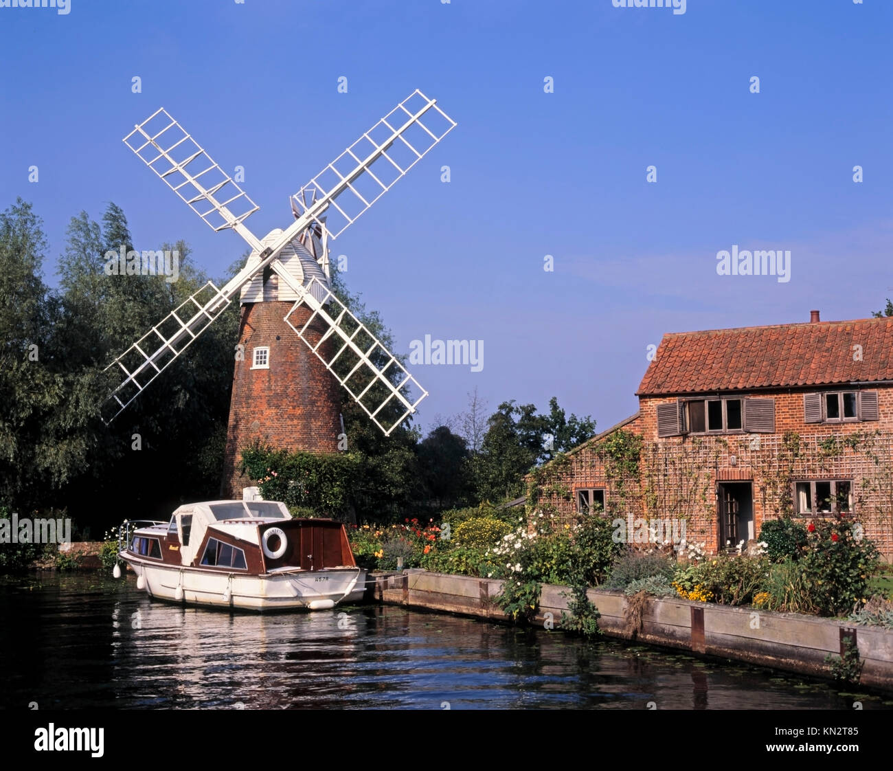 Hunsett Mill with a traditional broads cruiser, River Ant, The Broads ...