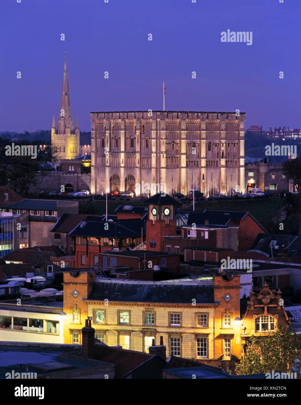 Norwich city skyline illuminated at night, Norwich castle and cathedral ...